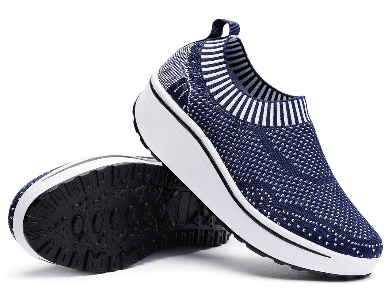 DADAWEN Women's Slip On Breathable Walking Shoes Comfort Fitness Wedge Platform Sneakers Navy US Size 7.5
