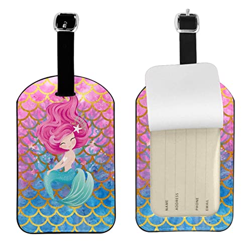 Mermaid Leather Luggage Tags for Travel Baggage Bag Name Id Labels with Privacy Cover for Suitcase 2 Pack