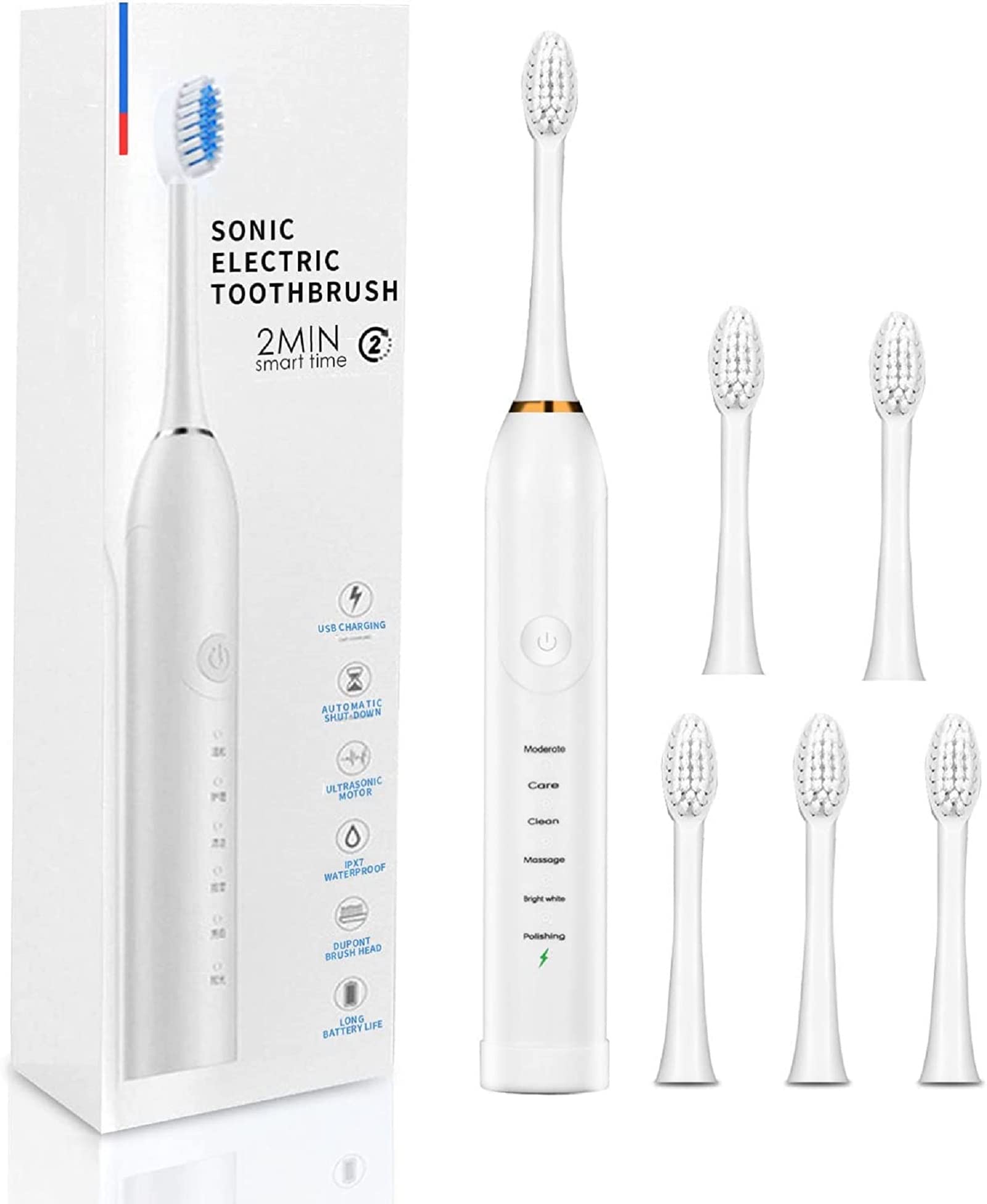 Electric Sonic Toothbrush with 6 Brush Heads, Rechargeable Power Toothbrush for Adults 2 Minute Built in Smart Timer, 6 Modes, One Charge for 60 Days