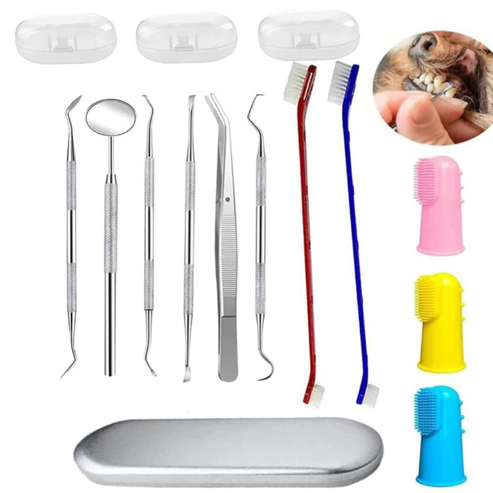 Teeth Cleaning Kit Dog Plaque Tartar Remover Tools Pet Dental Tooth Scaler and Scraper Silicone Finger Toothbrush for Puppy Cats Tooth Pick Stone Remover Dogs Oral Care Hygiene Cleaning Tools (12Pcs)