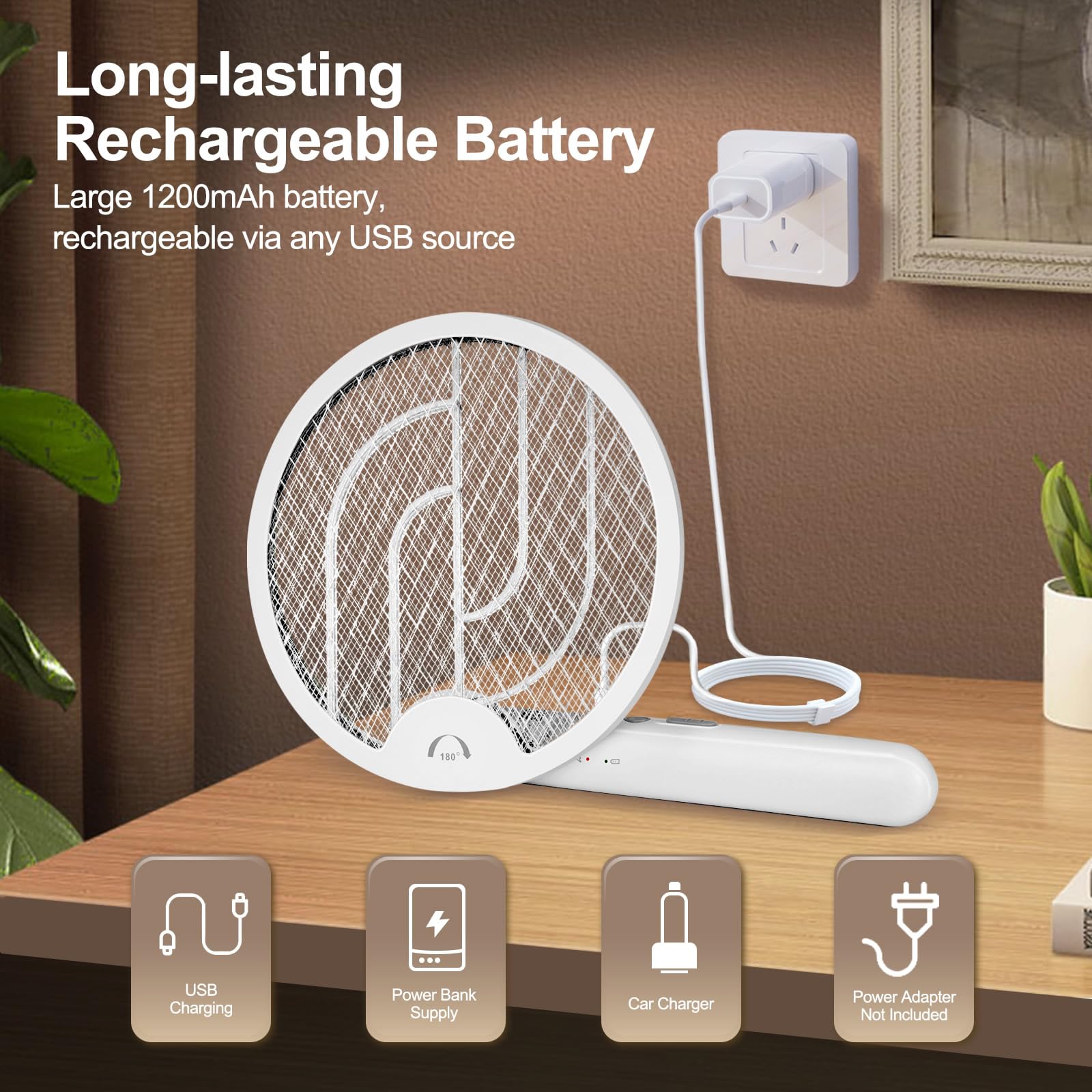 Foldable Electric Fly Swatter Racket, Portable 2 in 1 Bug Zapper Racket, Fly Killer and Mosquito Trap Lamp, USB Rechargeable with 1200mAh Battery for Indoor and Outdoor Home Backyard Patio Camping