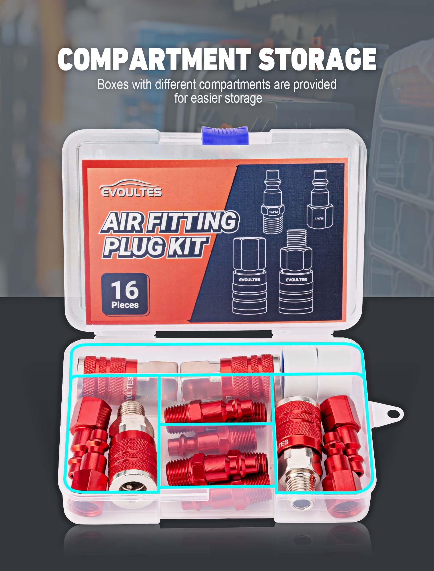 EVOULTES 16 Pieces Universal 1/4" NPT Air Hose Fittings & Air Coupler Kit, Lightweight Aluminium Air Fittings Kit with Quick Connect Air Plug, Pneumatic Air Tool Fitting for Air Compressor Accessories