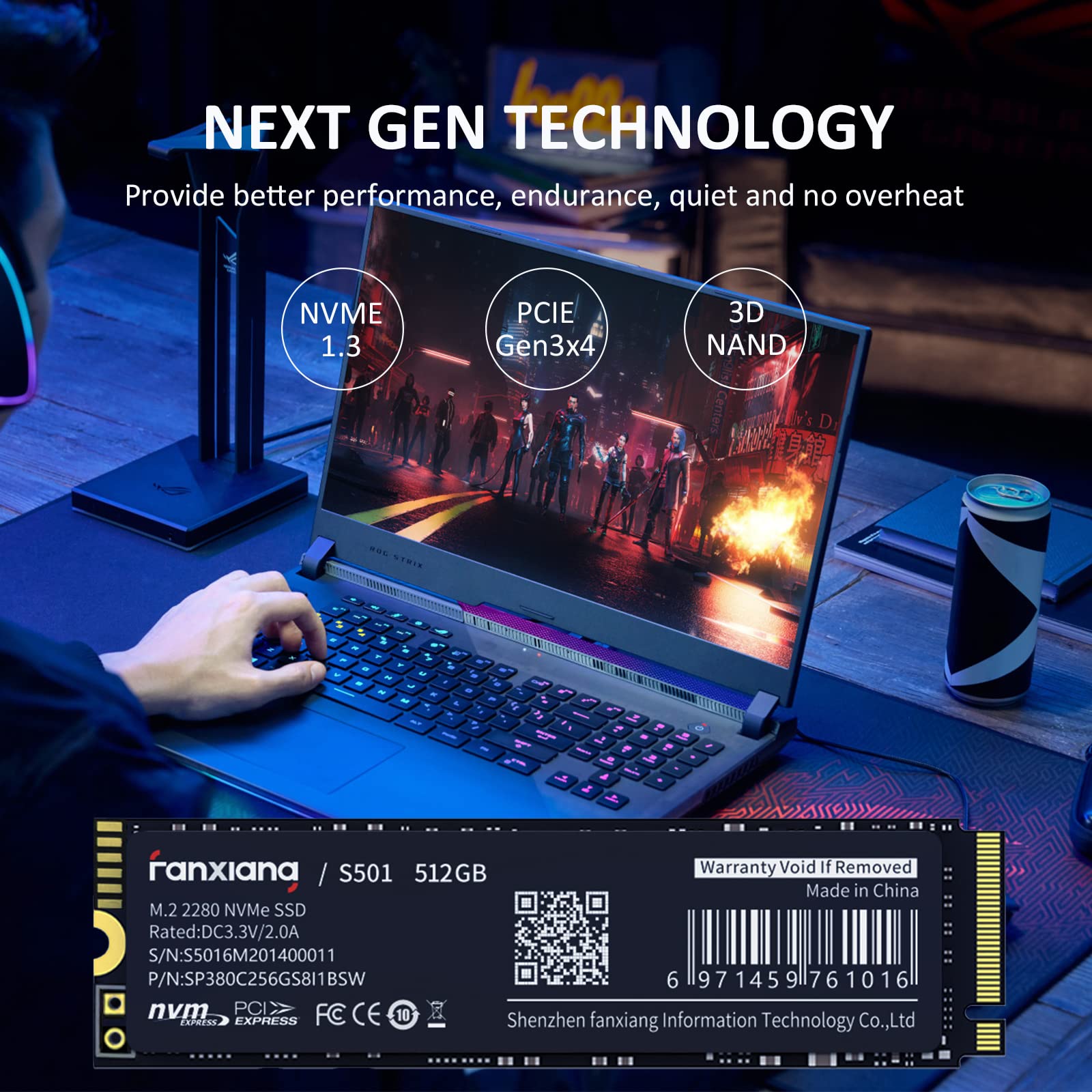 fanxiang S501 512GB NVMe SSD 3D NAND1.3 PCIe Gen3x4 M.2 2280 Internal Solid State Drive (Read/Write Speed up to 2,150/1,600 MB/s) Compatible with Laptop & PC Desktop
