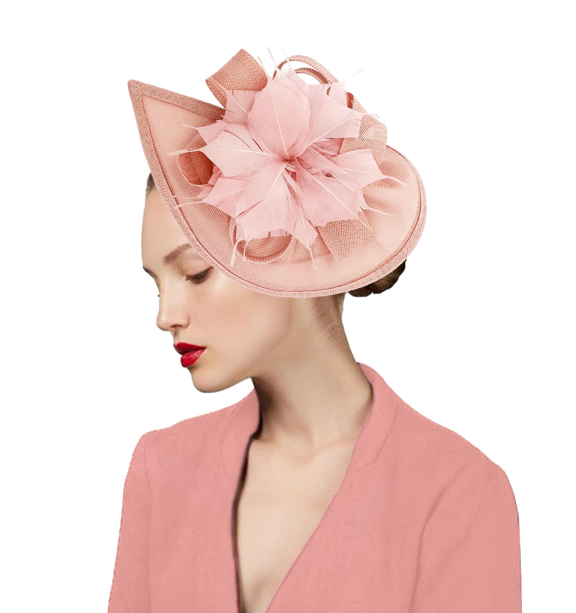 dressfan Fascinator Hat Womens Vintage Wedding Headband Headpiece Derby Hat,20s 50s Mesh Feather Flower Hair Clips Headwear for Kentucky Derby/Wedding/Cocktail/Tea Party,Pink