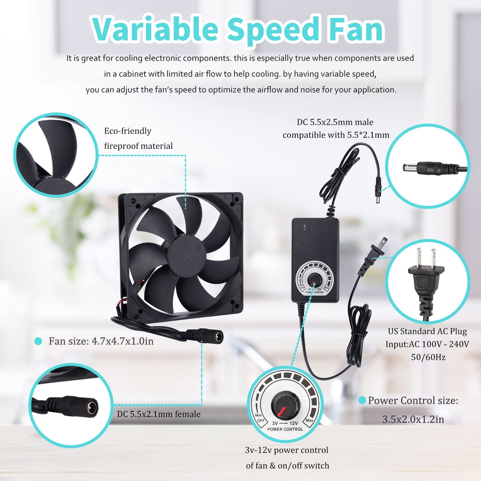 Eiovnur Computer Fan with AC Plug, Variable Speed Fan, 120mm AC Fan 110V 120V 220V 240V, for Terrarium Receiver Amplifier Xbox DVR Component Cooling