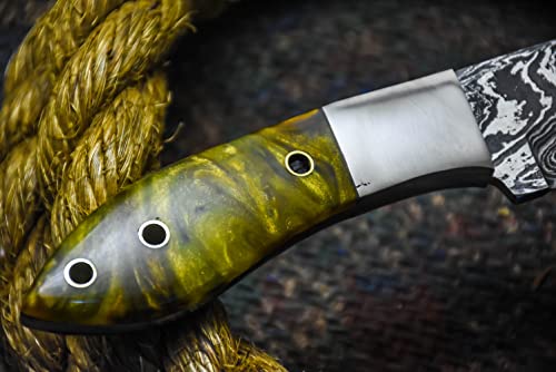Damascus Hunting Knife with RamHorn + Bone Handle - Survival - Camping - Damascus Steel - Damascus Hunting with Sheath Fixed Balde-EveryDay Carry,Comabt,Hunting Skinning,Fire Starter,Ram Horn Handle With Brass Bolster. Art No26376