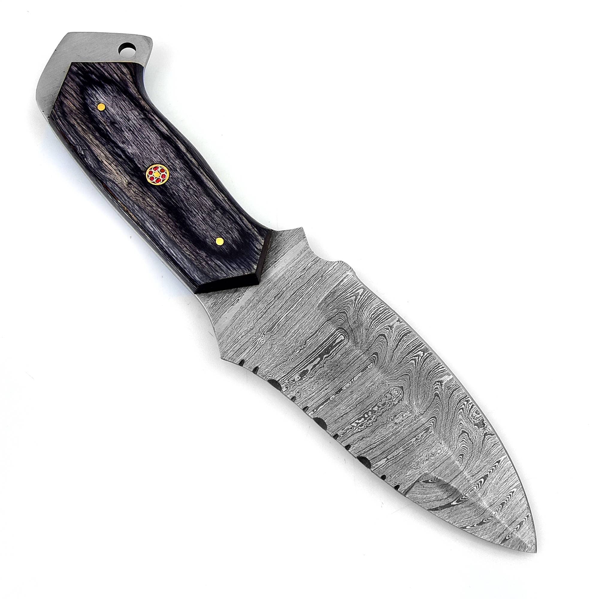 Damascus hunting knife with fixed blade 9.5", Damascus Bowie knife for Survival, Camping, Bushcraft Ergonomic Pukka wood handle | Horizontal carry knife for men with Leather Sheath EC-9108