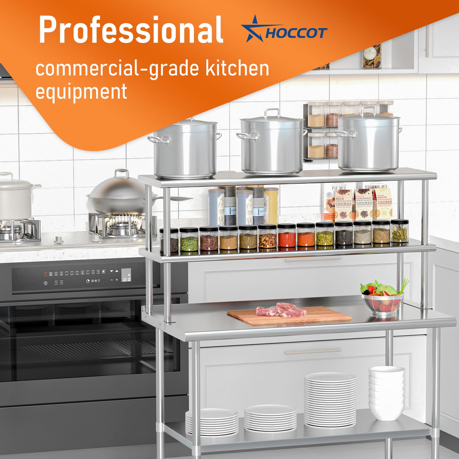 HOCCOT Stainless Steel Double Overshelf 12''x48'' Commercial Double Tier Shelf for Prep & Work Table, Adjustable Height 2 Tier Deck Shelf Load 360lb for Kitchen, Home, Restaurant and Storage Room