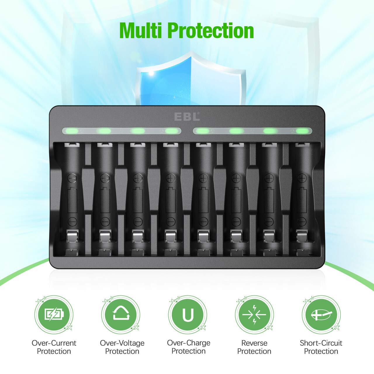 EBL AA AAA Lithium Batteries with Charger Combo 1.5V Rechargeable Battery 8-Pack AA Lithium Batteries 3000mWh & 8 Pack AAA Lithium Batteries 1200mWh with 8 Bay Battery Charger