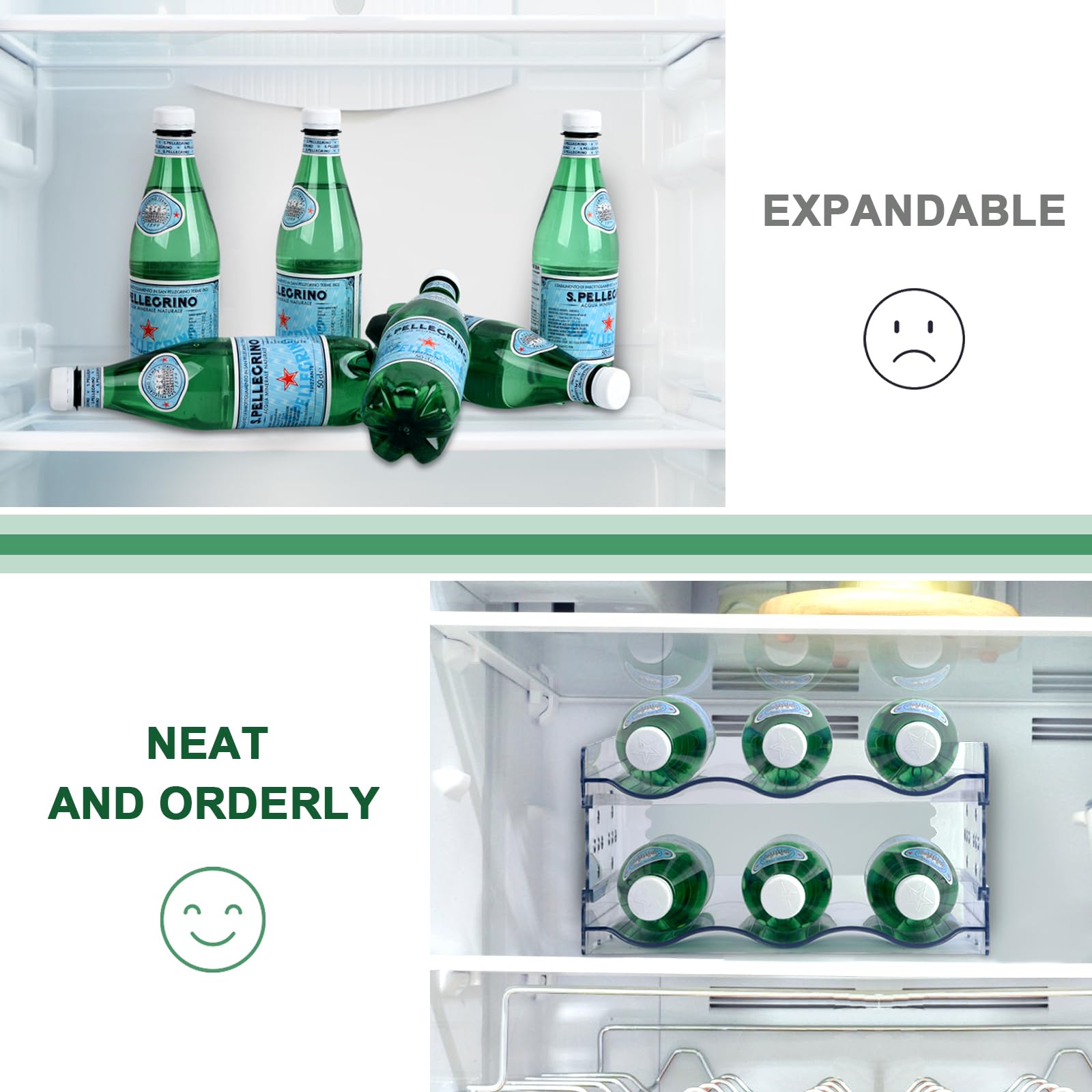 ChengFu Sparkling Water Bottle Holder,6 Bottle Refrigerator Rack for Sparkling Water, Water Bottle Organizer for Sparkling Water Bottle, 2 Pack Stackable Cup Organizer for Fridge, Clear