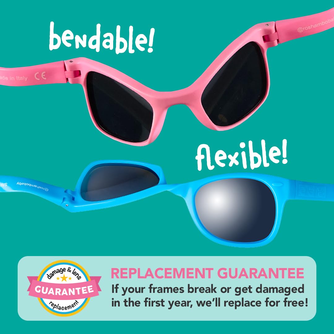 ROSHAMBO Unbreakable Baby Sunglasses with Strap BPA-free – Girls Boys 0-24 months Infants – Polarized Lens, Assembled in USA, Wonka (Color Changing Purple)