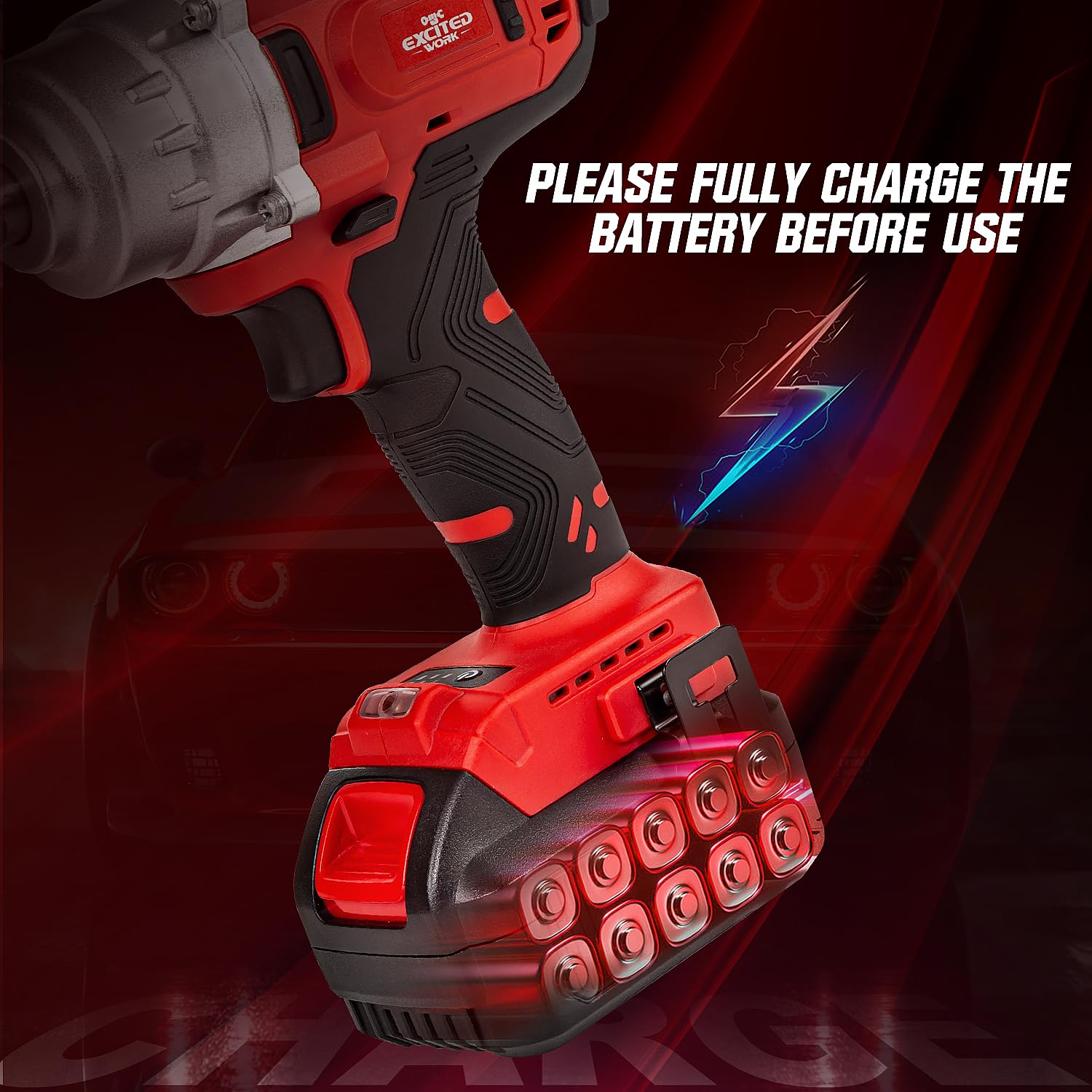 Excited Work 20V Brushless Impact Wrench with 1/2inch 4 Pcs Impact Wrench Socket Set,370 Ft-lbs(500Nm) High Torque,4.0Ah Li-ion Battery Tire Nut Removal Cordless Power Tool