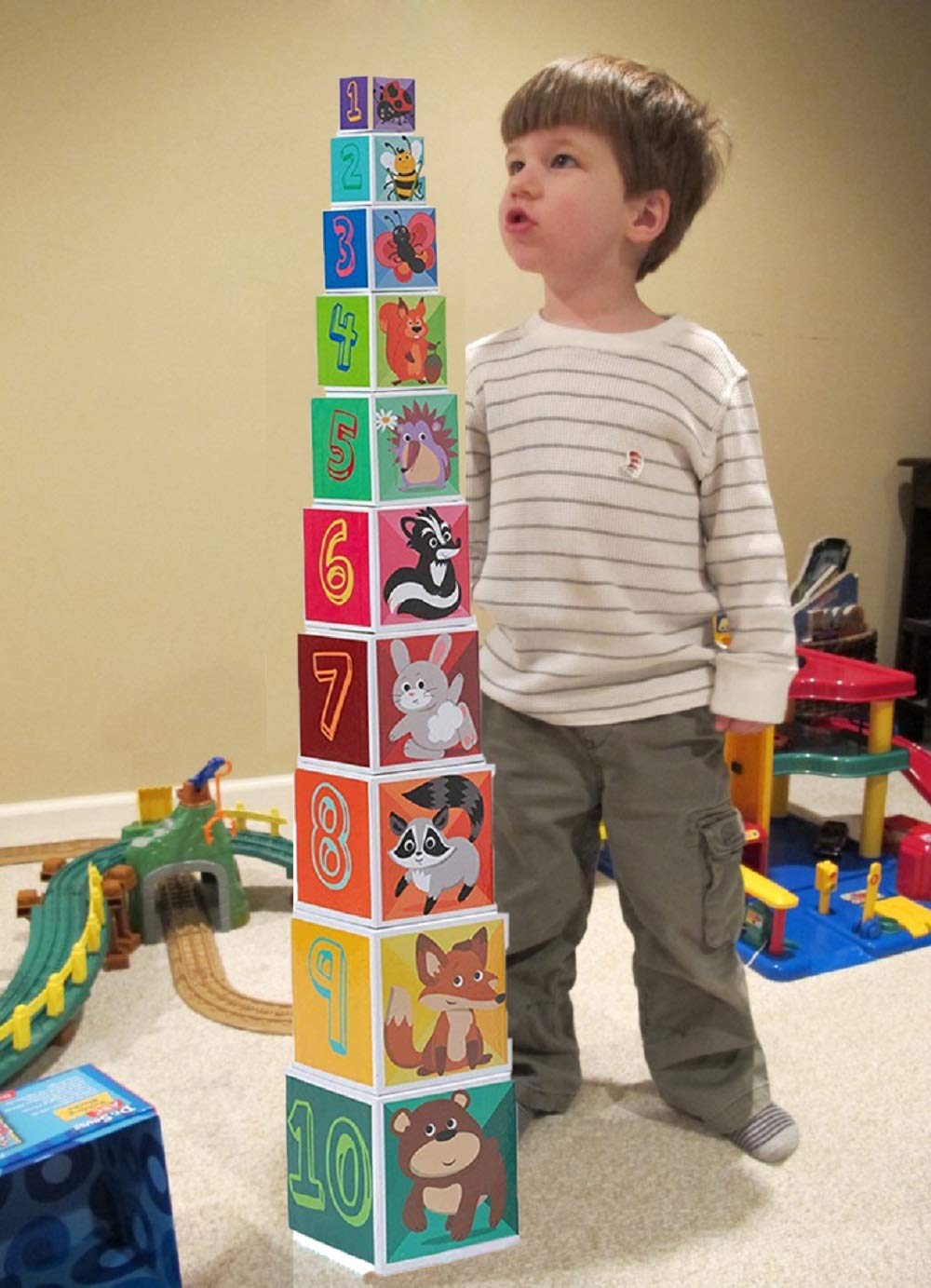 CRUISTORE Cardboard Nesting and Stacking Blocks Set | 10 Pcs of Blocks with Animal、Plant、Numbers、Letters | Development Stacking Games for Kids Toddlers