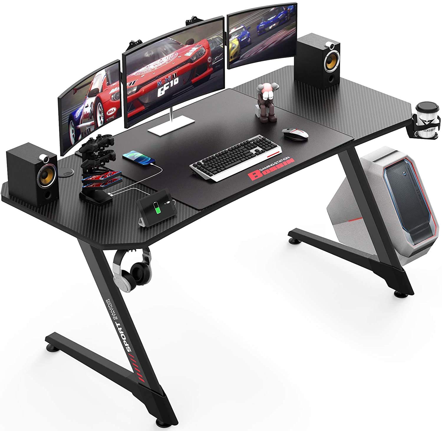 VITESSE 55 Inch Ergonomic Gaming Desk, Z-Shaped Office PC Computer Desk with Large Mouse Pad, Gamer Tables Pro with USB Gaming Handle Rack, Stand Cup Holder&Headphone Hook (Black, 55 inch)