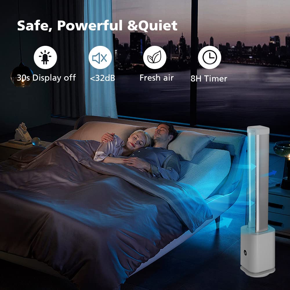 ULTTY Bladeless Tower Fan and Air Purifier in one, Bedroom Fan with HEPA Filter Smoke Dust Pollen Dander, 42.5" Oscillating Tower Fan with Remote, Touch, 8H Timer, White
