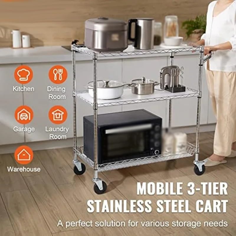 DCOT Kitchen Utility Cart, 3 Tiers, Wire Rolling Cart with 661 LBS Capacity, Steel Service Cart on Wheels, Metal