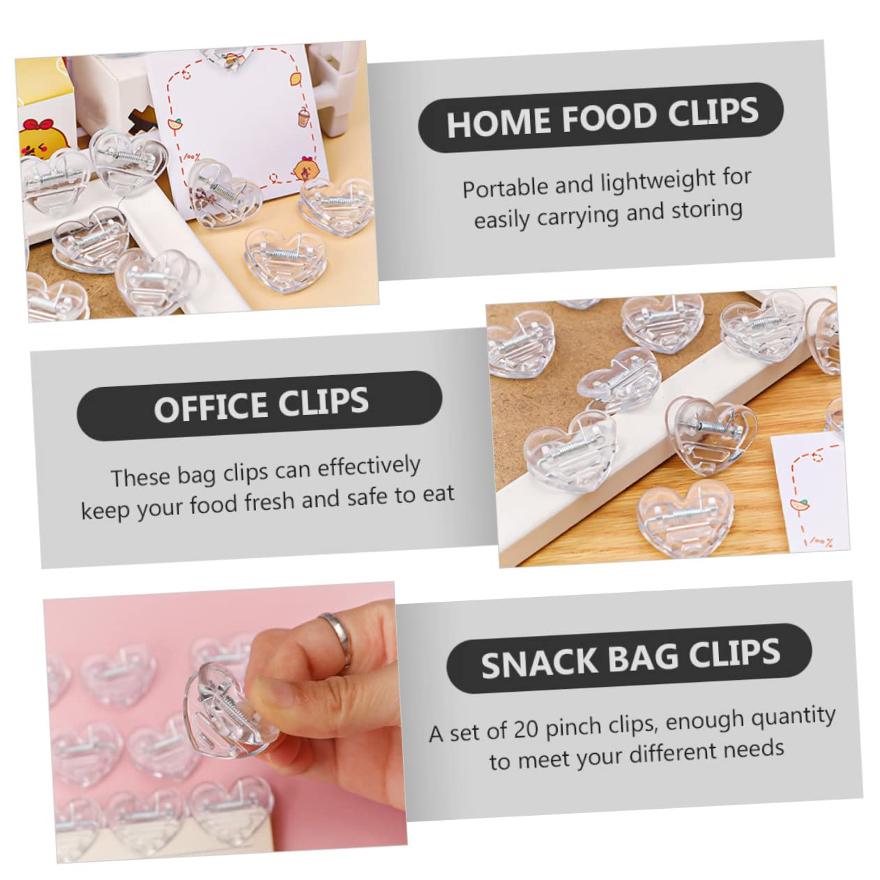Ciieeo 20pcs Transparent Love Clip Heavy Duty Bag Clips File Paper Clamps Money Binder Clips Multipurpose Bag Clips Drawing Board Clamps Mini Chips Plastic Multifunction Girl Paper Clip
