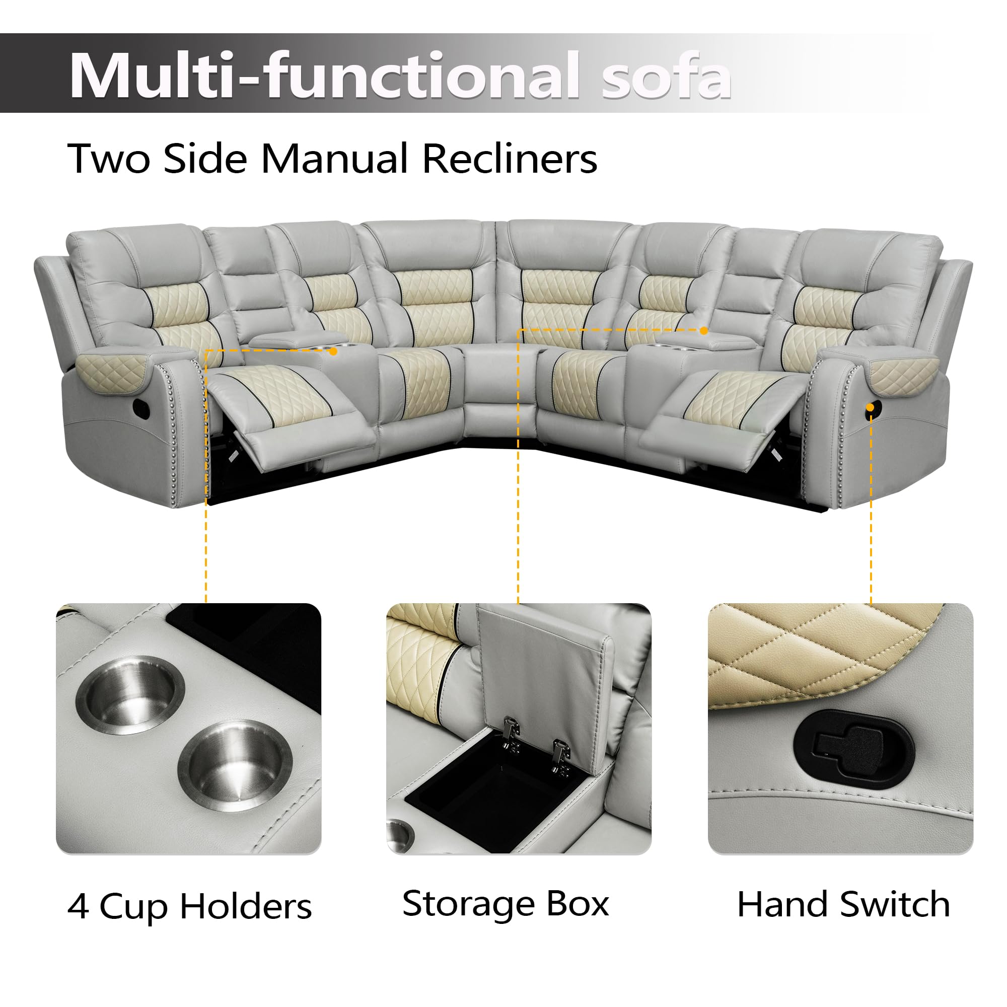 Hybition Manual Recliner Sectional Sofa Set with Cup Holders & Storage Box PU Leather L-Shaped Couch for Living Room Brown