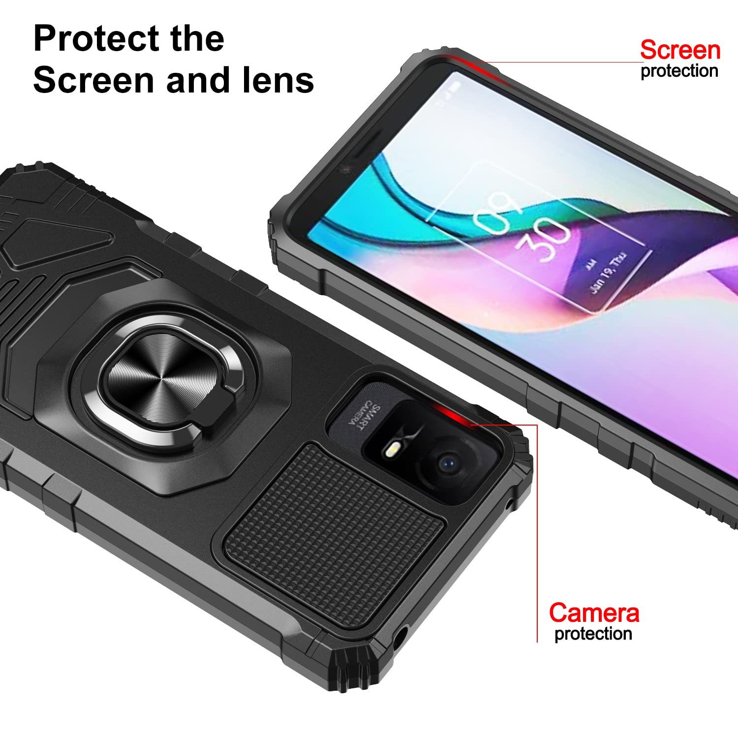 Compatible for TCL ION X Case/TCL ION V Case with Tempered Glass Screen Protector [Military Grade] Ring Car Mount Kickstand Shockproof Hard Phone Case - Black