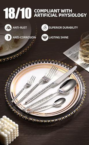 HODOQIAM 10-Piece Silverware Set, Stainless Steel Flatware Set for 2, Modern Hammered Utensil Tableware Set Include Dinner Knife/Fork/Spoon, Mirror Finish, Dishwasher Safe (10, silver)