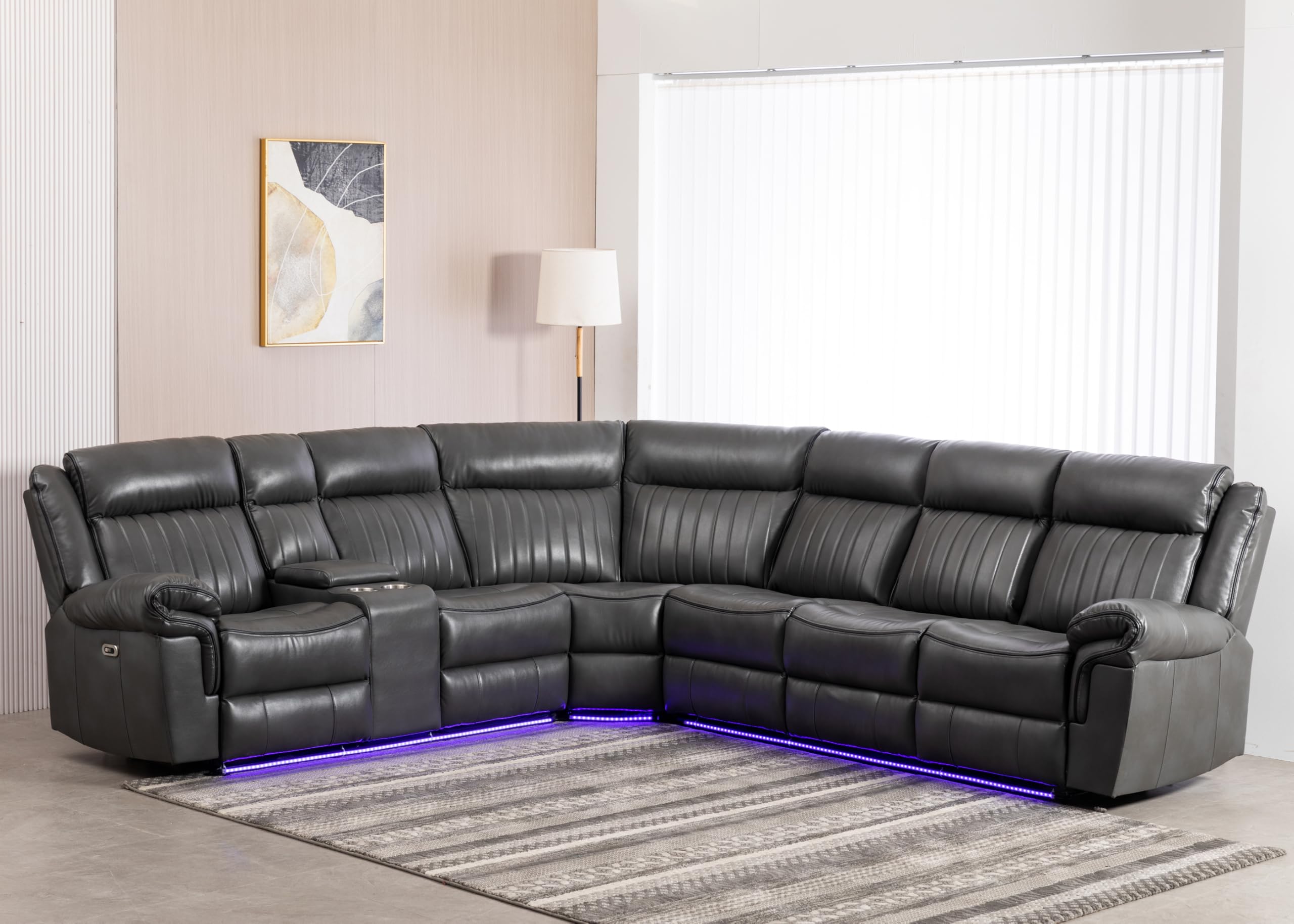 Hybition Power Reclining Sectional Sofa Multi-Functional 6 Seater Sectional Sofa L-Shaped PU Leather L-Shaped Sofa LED Lights Stereo Storage Cup Holders USB -Grey