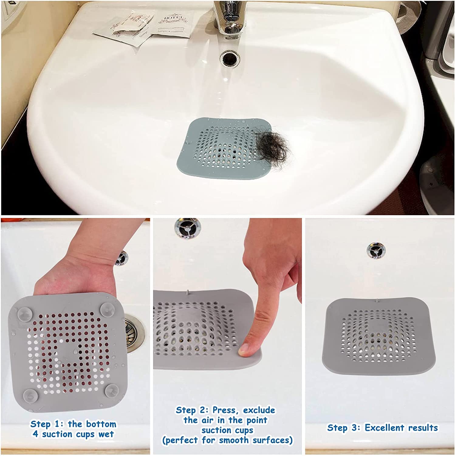 Hair Drain Catcher 4PCS, Raised Square Drain Cover with Suction Cup, Silicone Hair Catcher Hair Stopper Drain Cover for Bathroom Bathtub Kitchen