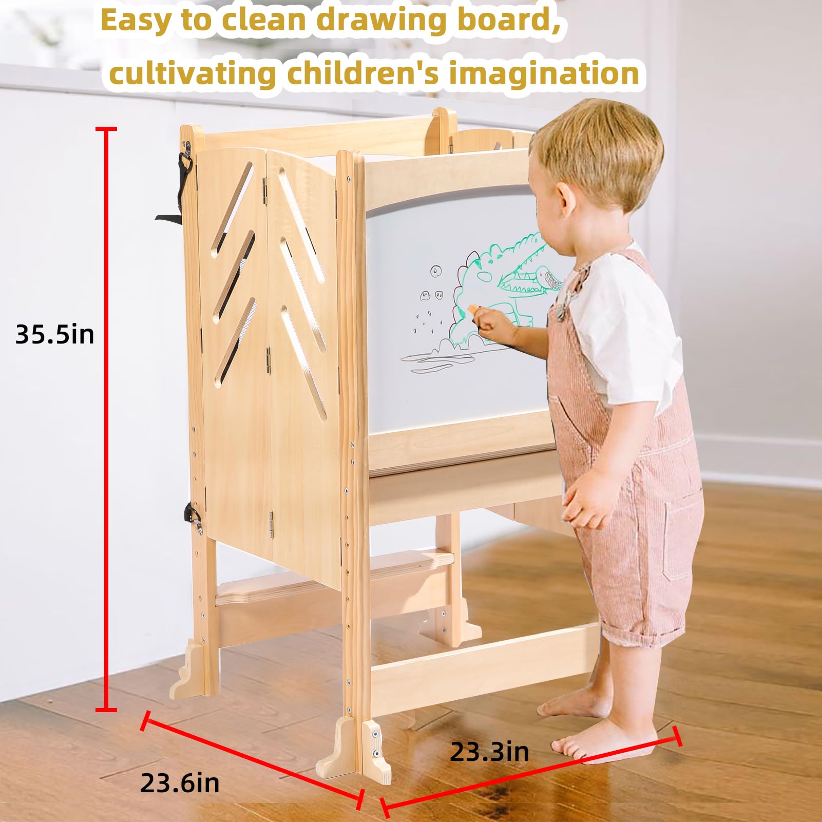 Foldable Toddler Kitchen Step Stool with 5-Level Height Adjustment,with Keeper and Graffiti Drawing Board .Wooden Toddler Tower for Toddlers Over 18 Months Old .(Natural)