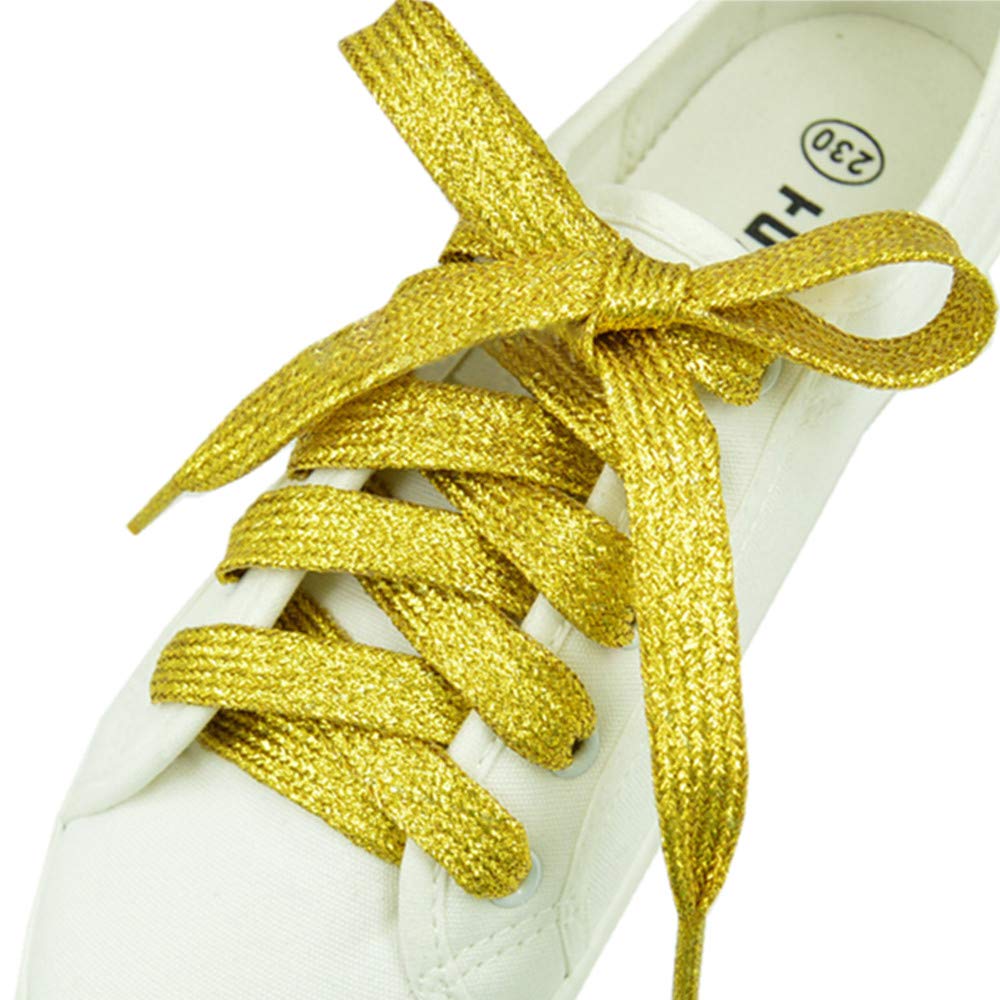 DECKER Gold Metallic Glitter Flat shoelaces Colorful Fashion 2 pairs pack for Canvas Sneaker Athletic (54 inch (137 cm), Gold)