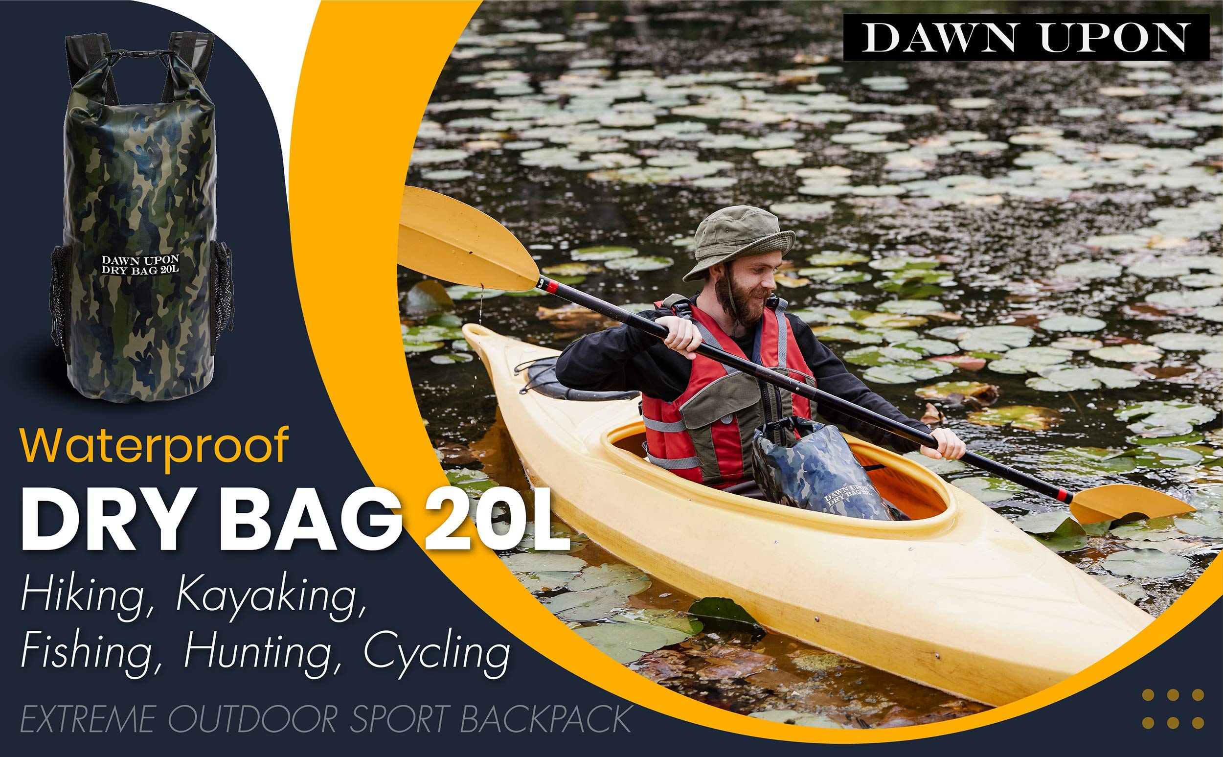 DAWN UPON Floating Dry Backpack – 20L Capacity – 2 Padded Straps! – 100% Waterproof Bag – Keeps Gear Dry – Perfect for Water Sports: Kayaking, Canoeing, Paddle-Boarding, Rafting & Boating- Camo Blue