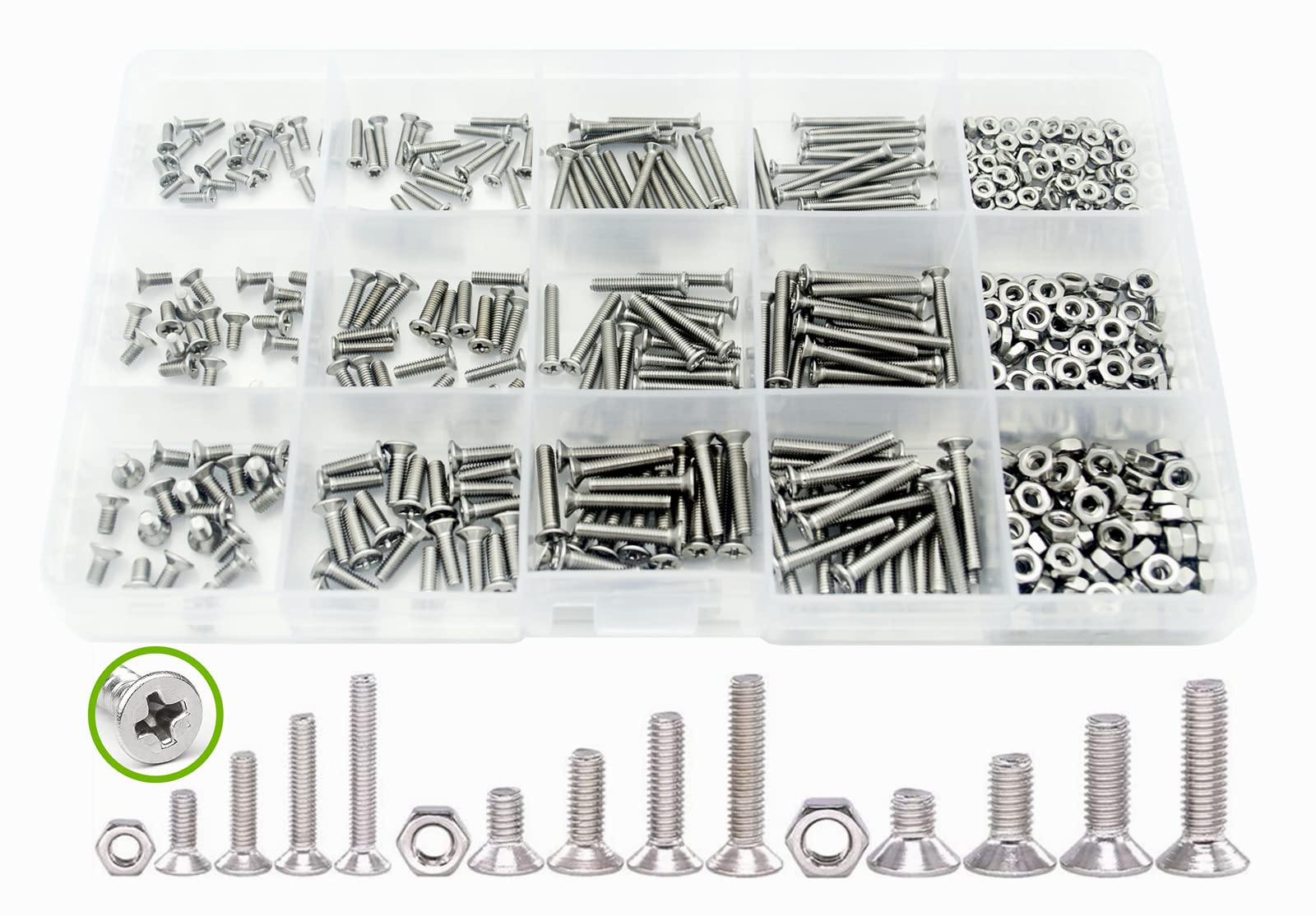 Elantek 480Pcs Metric M2 M2.5 M3 304-Stainless Steel Phillips Flat Head Machine Screws Nuts Assortment Kit