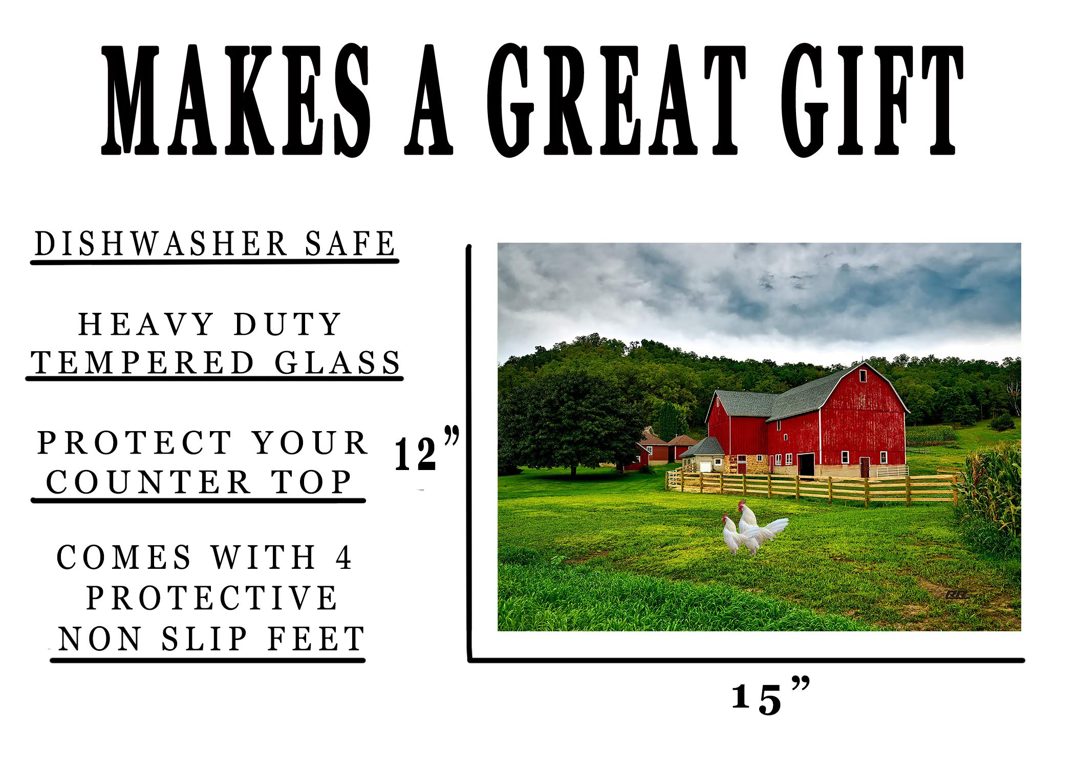 Farm Red Barn Kitchen Glass Cutting Board Barn Decorative Gift Farmhouse Ranch Piglets Design