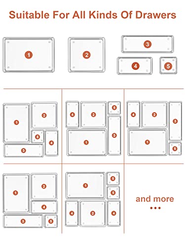 SMARTAKE 13-Piece Drawer Organizer with Non-Slip Silicone Pads, 5-Size Desk Drawer Organizer Trays Storage Tray for Makeup, Jewelries, Utensils in Bedroom Dresser, Office and Kitchen, Clear