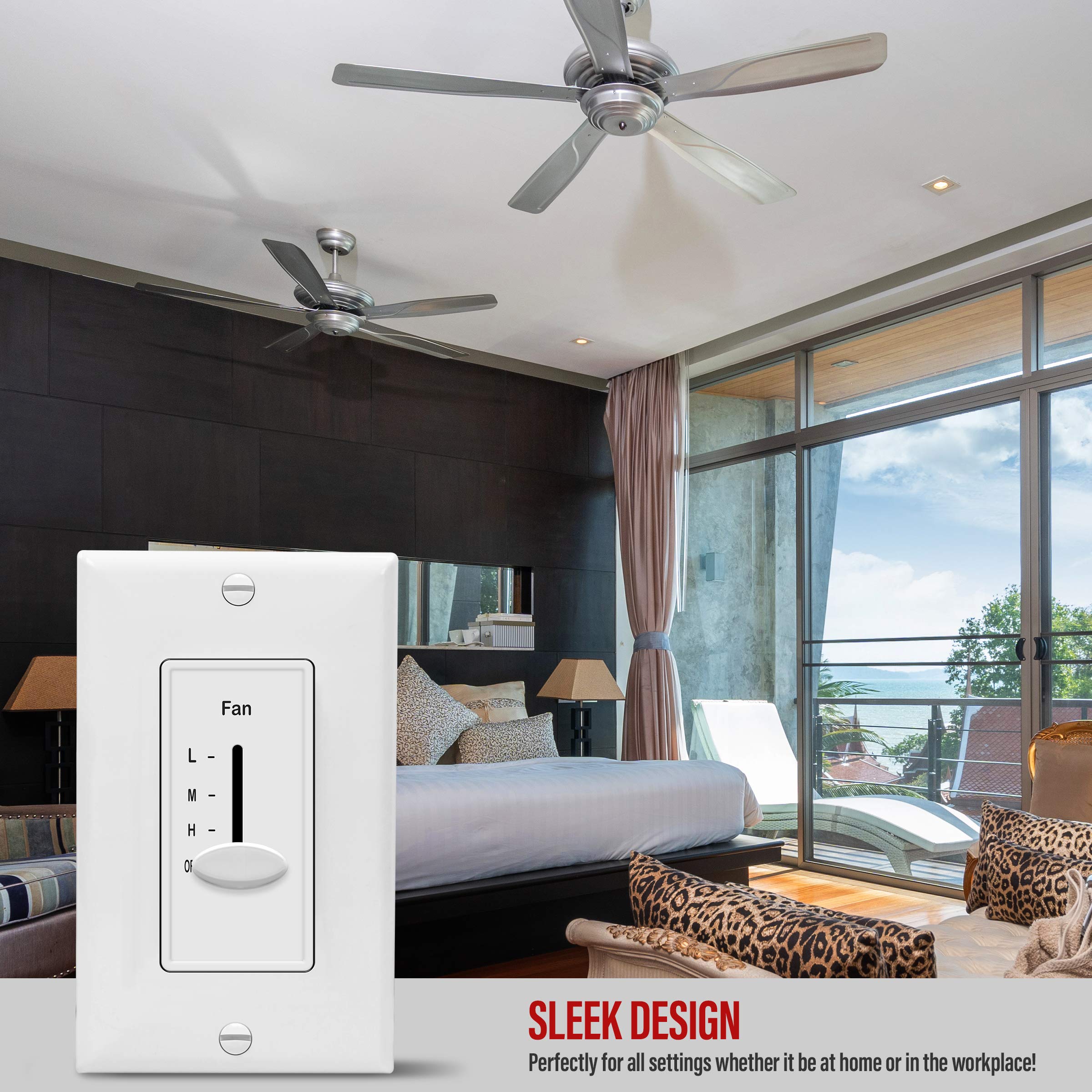 ENERLITES 3 Speed In Wall Ceiling Fan Control, Slide switch, 120VAC, 2.5A, Single-Pole, No Neutral Wire Required, 17000-F3-W-F, White