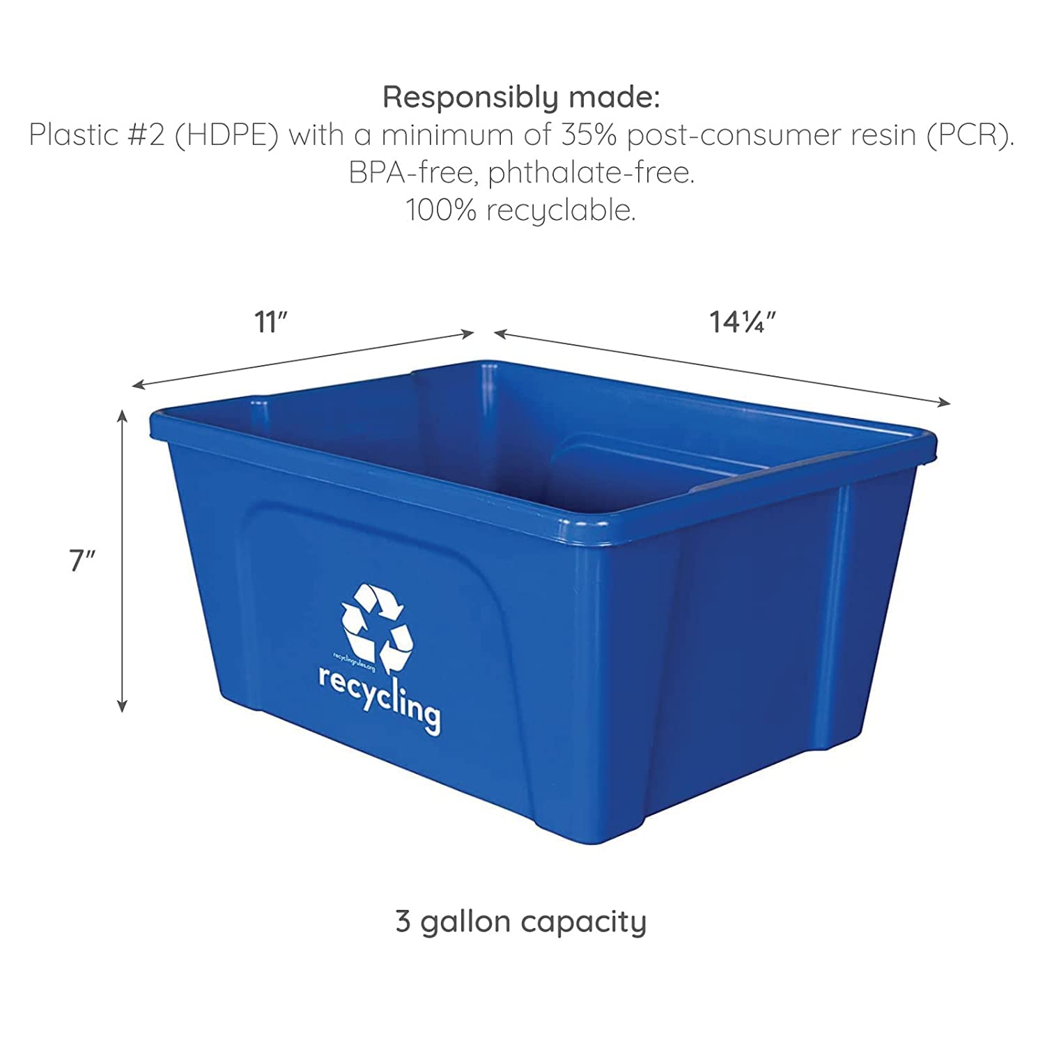 Recycling Rules Wholesale Low-Profile 3 Gallon Deskside Recycling Bin Container, Perfect for Office Paper and Home Recycling, Eco-Friendly BPA-Free, in Blue, 25-Pack