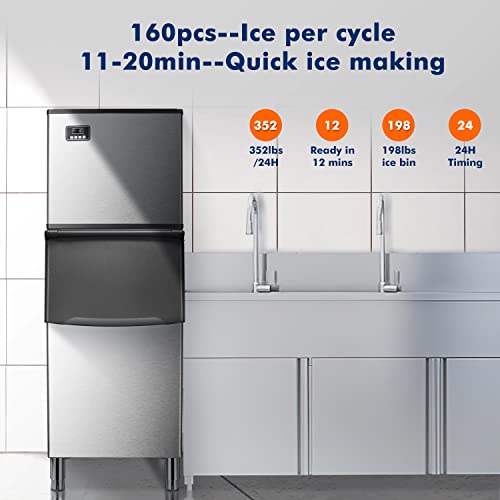 ZAFRO Ice Maker Machine Commercial,352lbs/24H Industrial Ice Machine with 198lbs Ice Bin, 22.5" Air Cooled Stainless Steel Ice Cube Maker for Restaurant/Hospital/Bar/Cafe/Lab with Scoop Silver