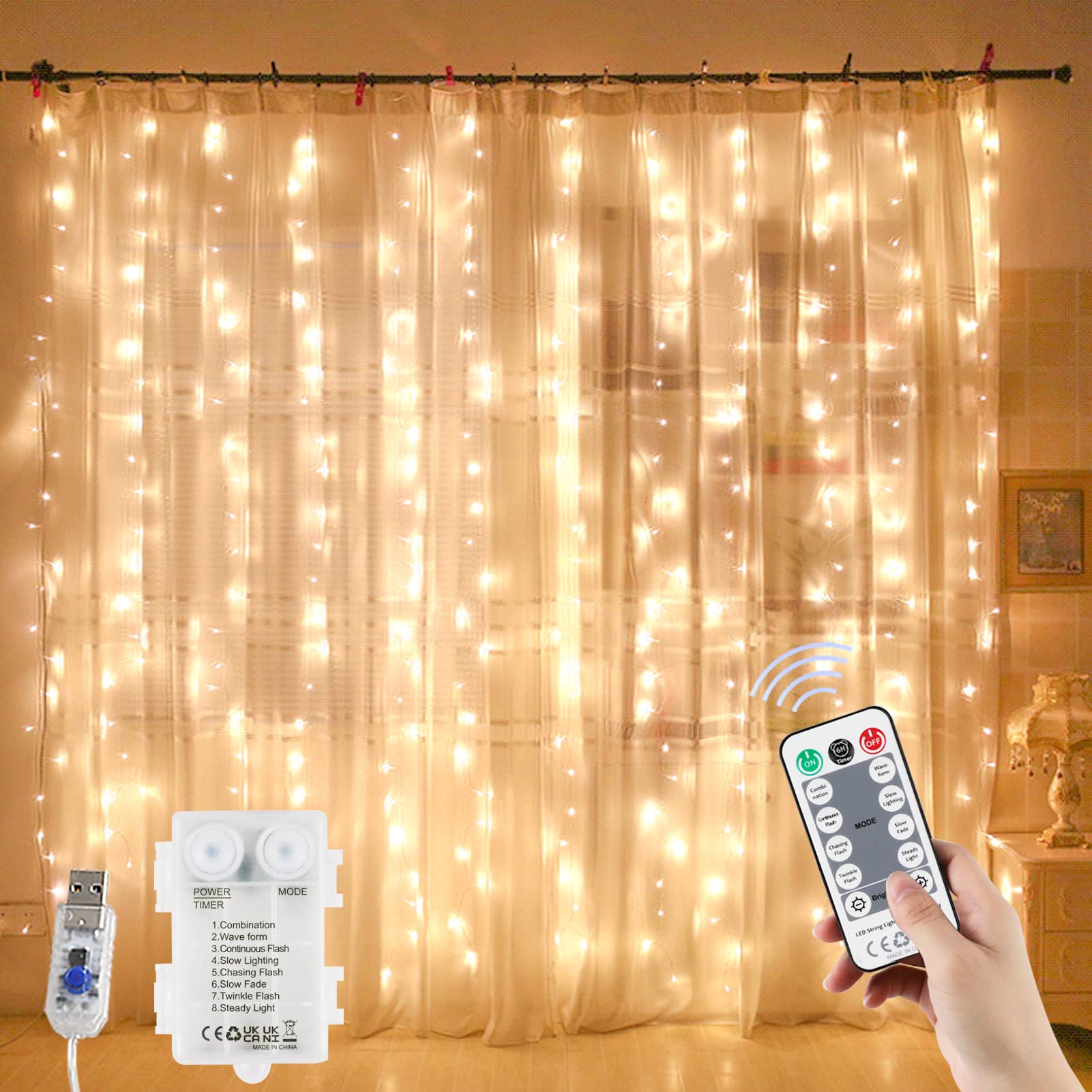 Curtain String Lights, Battery/USB Powered 200 LED Twinkle Light with Remote, Auto On/Off Setting & 8 Modes Fairy Lights for Indoor/Outdoor Bedroom Party Decor (Warm White 9.8 x 6.6Ft)