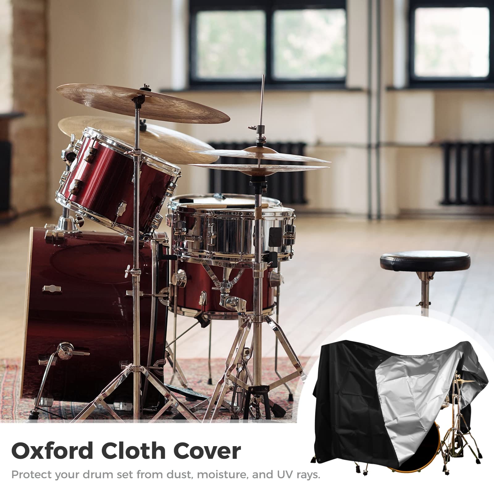 Drum Set Cover, Black Waterproof 420D Oxford Cloth Cover for Drum Set, Drum Set Dust Cover with Silver Coating Weighted Corners, Protective Cover from UV-Rays with Zipper Storage Bag