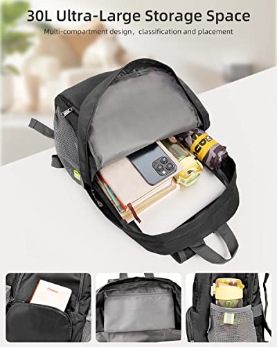 MULISOFT 30L Travel Packable Backpack, Foldable Hiking Backpack for Men & Women, Water-Resistant Lightweight Backpack for Camping, Outdoor, Cycling, Daypack with 8 Compartments