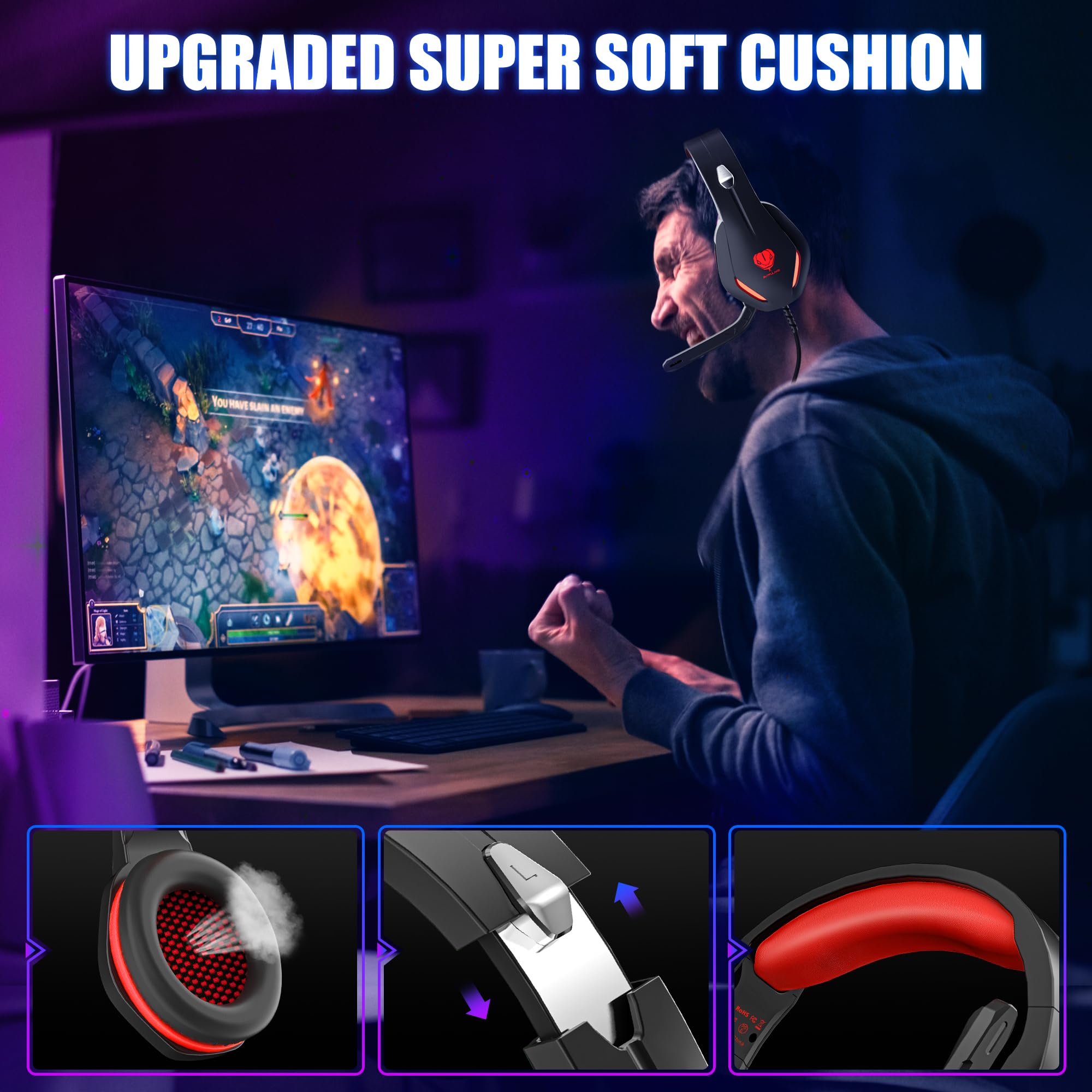 Stynice Gaming Headset for PC, PS4, Xbox One, Laptop, Crystal Clear Surround Sound Computer Gamer Headset with Noise Canceling Mic and LED Light - Lightweight and Comfortable Gaming Headphone