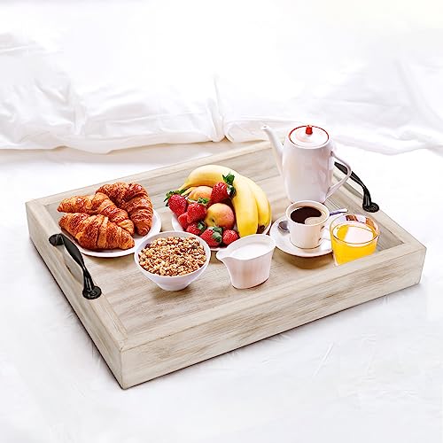 Set of 2 Rustic Farmhouse Wooden Serving Tray with Handles, Nesting White Decorative Trays for Coffee Table Ottoman Kitchen Bed Dining Table Centerpiece Rectangular Tray for Food Fruits Coffee Candles