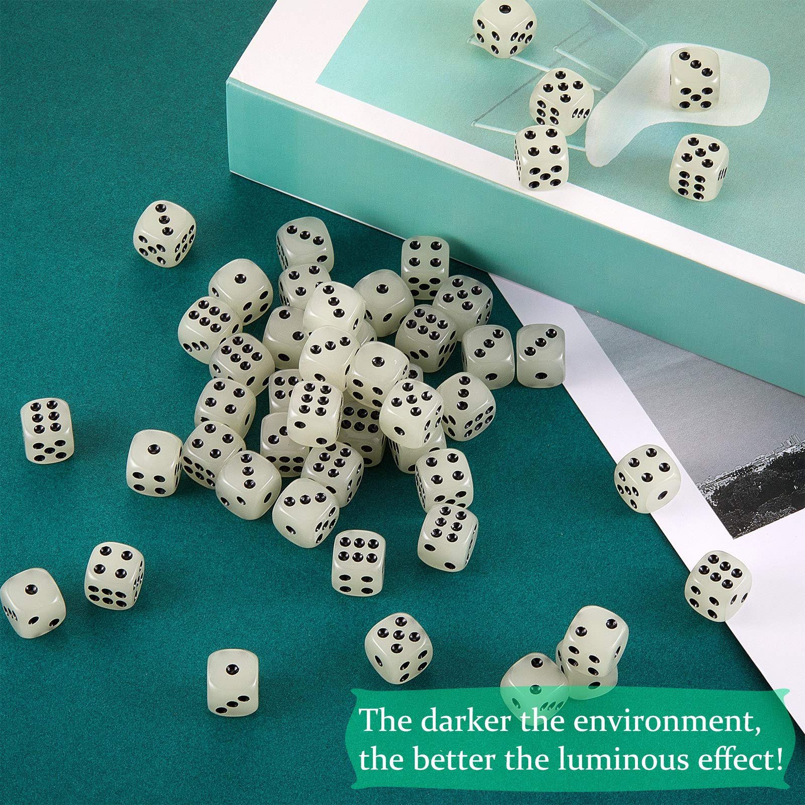 Sumind Glow in The Dark Dice 6 Sided Dice with Black Velvet Pouches for Table Board Games, Party Favors, Toy Gifts(54 Pieces)