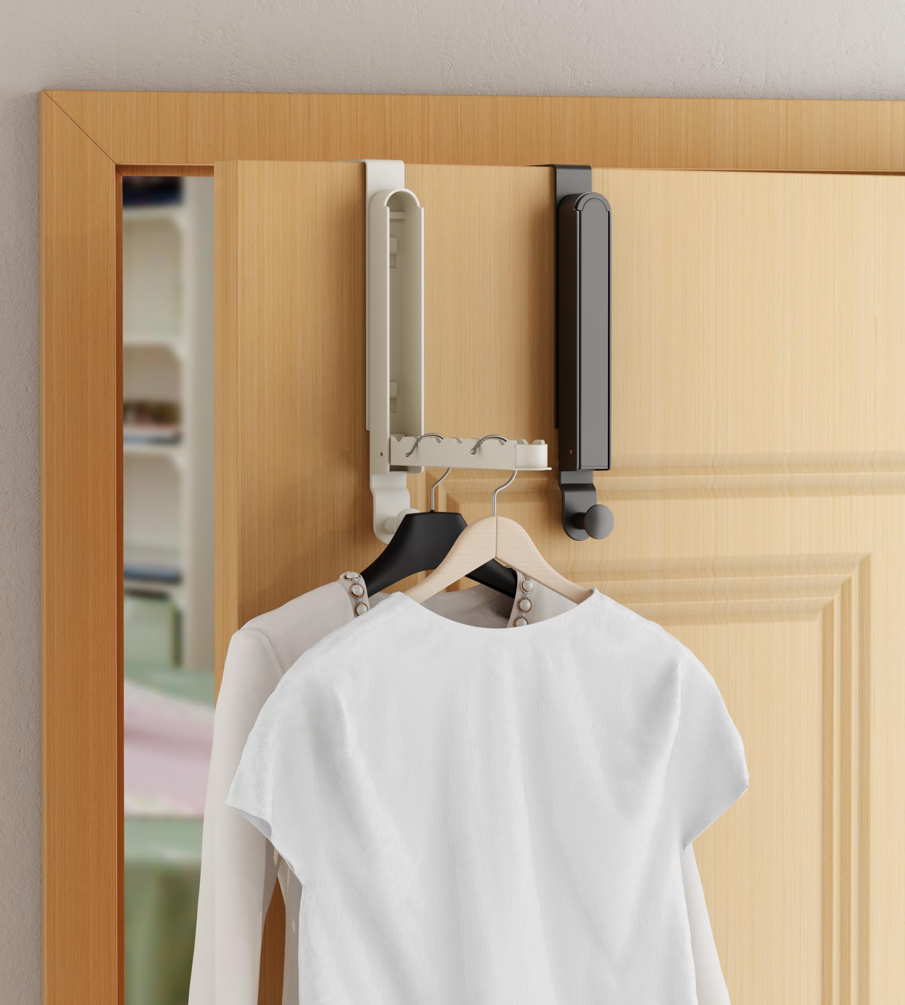 Folding Clothes Drying Rack, Fit 1 3/4" Door Super Heavy Duty Aluminum Alloy Over the Door Hanger with Retractable Rod, Foldable Portable and Collapsible Bathroom Towel Rack , Ivory White