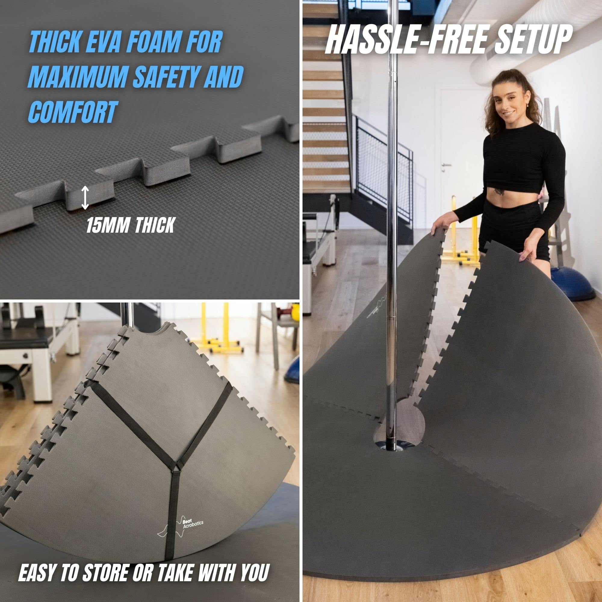 Dancing Pole Crash Mat Pole Fitness Exercise Mat Workout Gym Mat | Extra Thick 15mm | Huge 5.9' Diameter | Exercise Floor Mat Dancing Pole For Home Yoga Pilates Gymnastics | Interlocking EVA Safety