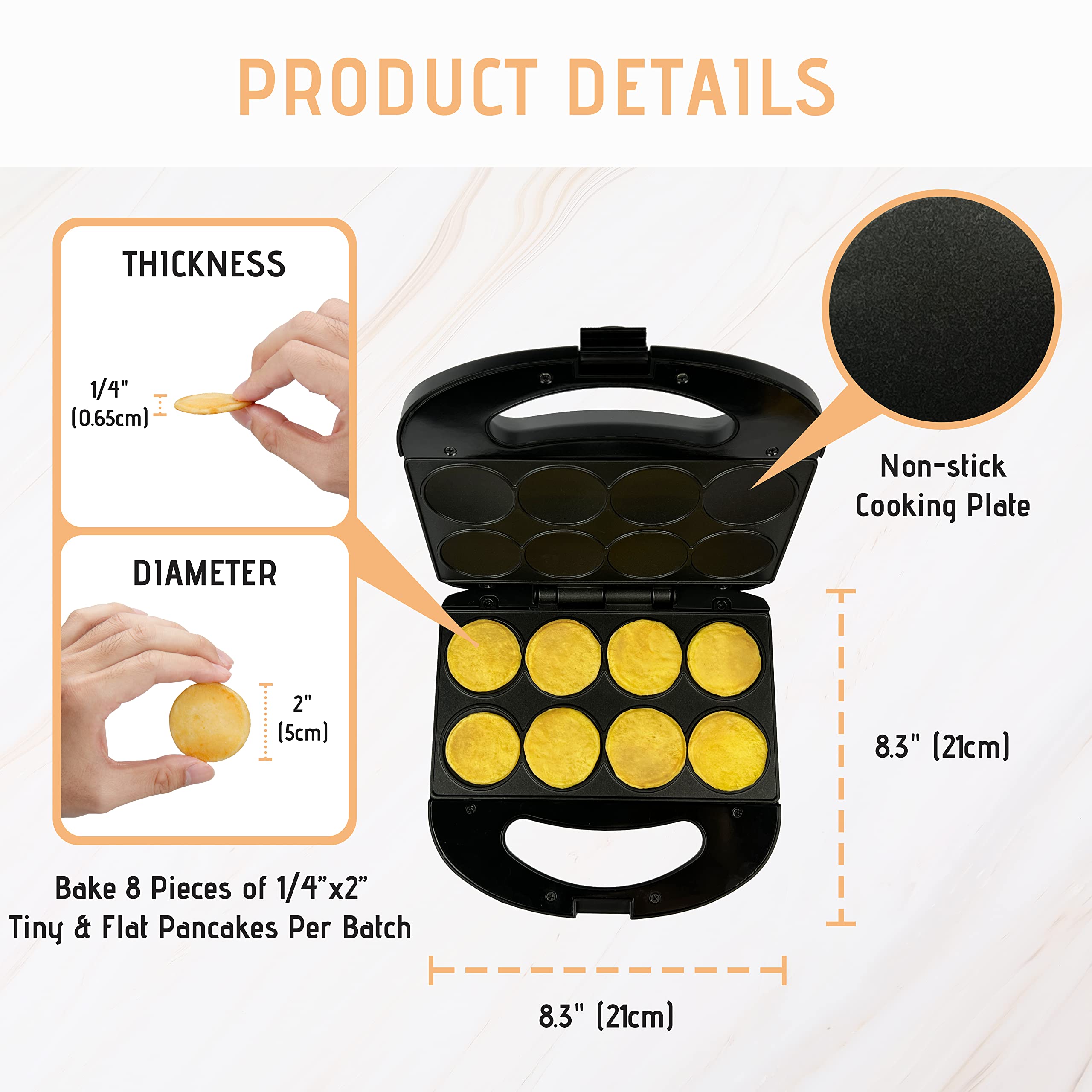 FineMade Mini Pancakes Maker Machine with Non Stick Plates, Small Pancake Griddle, Makes 8 x 2β Tiny and Flat Pancakes, Ideal for Breakfast, Snacks, Desserts and More