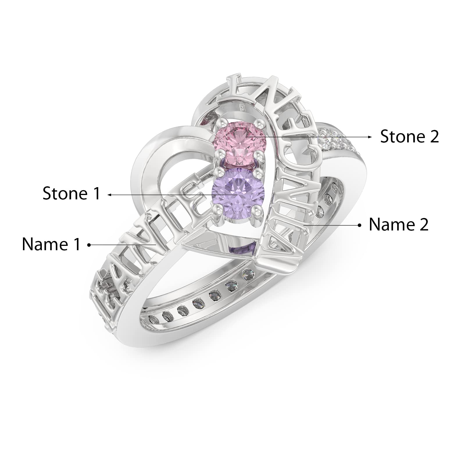 Custom Name Ring Creative 3D 925 Sterling Silver Birthstone Rings for Women Mother Dainty Bride Engagement Ring Personalized Promise Rings for Her (2 names)