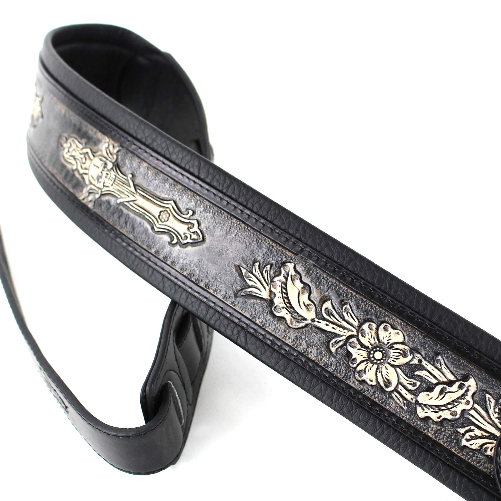 Walker and Williams KB-02-BLK Handmade Distressed Black Carving Leather Padded Guitar Strap With Floral Skull & Christian Cross For Acoustic, Electric And Bass Guitars