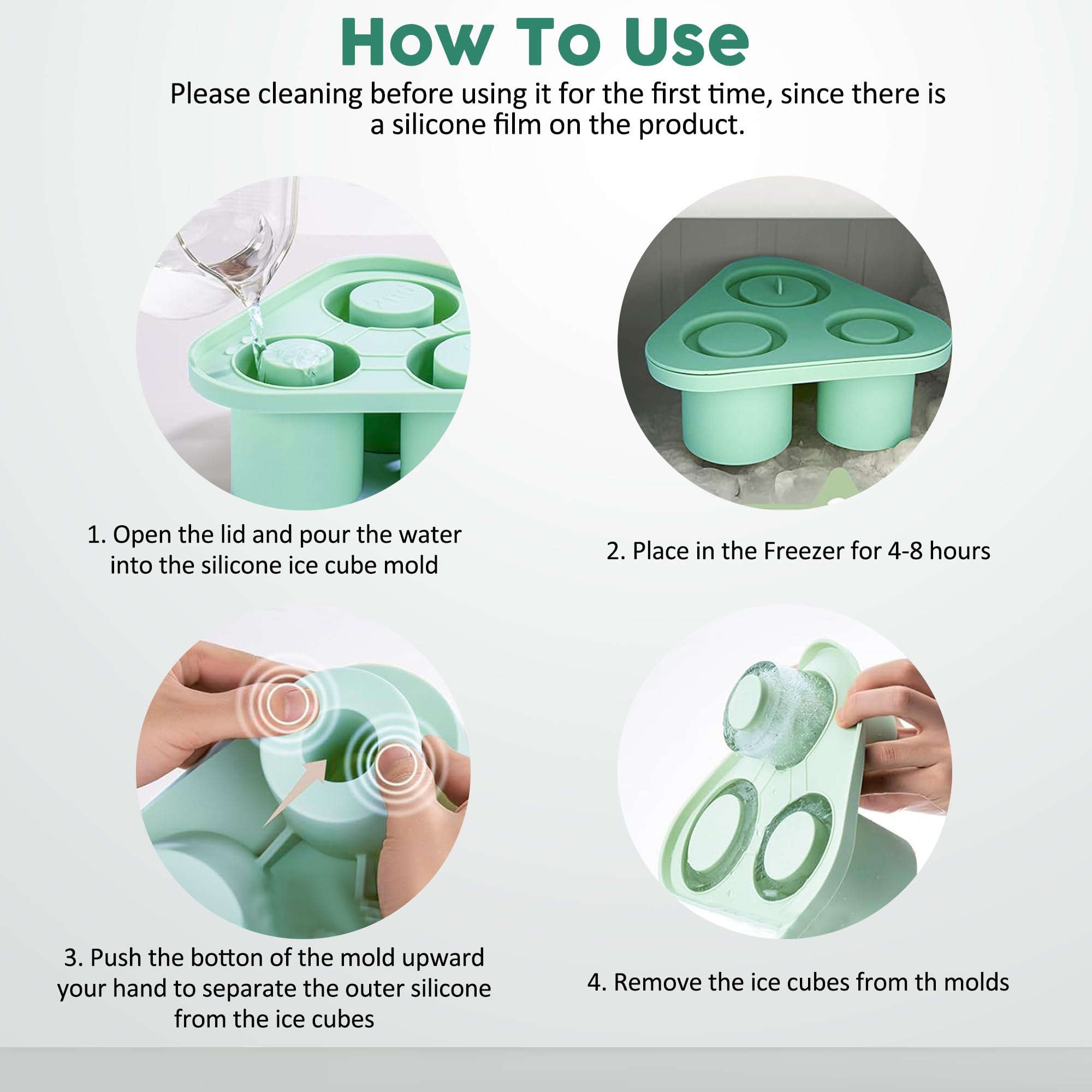 Dryvovol Ice Cube Tray for Stanley Cup 20-40oz Tumbler Cup, Dryvovol 3 Pcs Silicone Ice Cube Molds With Lid for Chilling Cocktails, Freezer, Whiskey, Drinks, Coffee (Green)