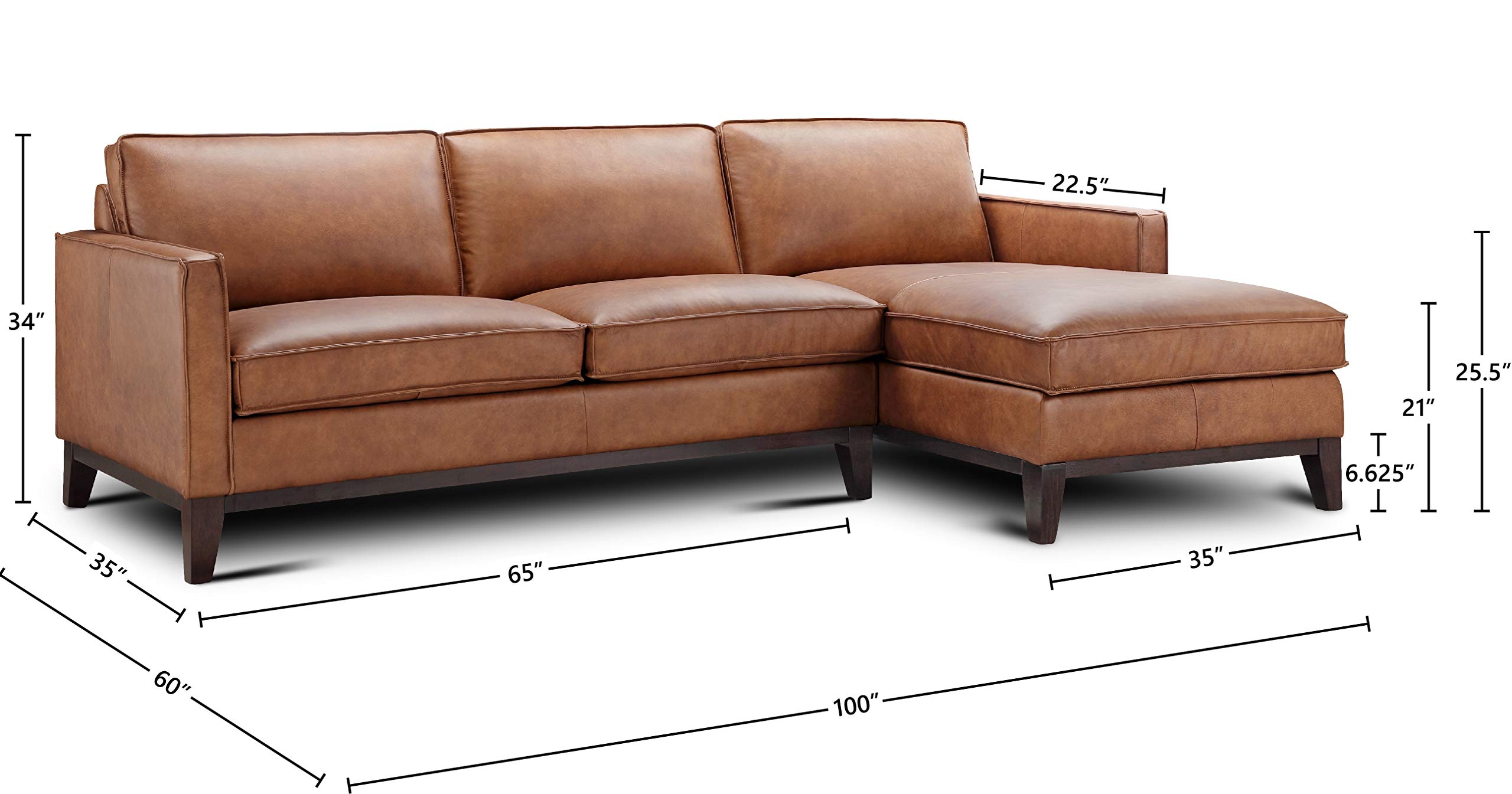 Pimlico 100 Percent Top Grain Leather L-Shaped Sectional with Chaise, Right Arm Facing, Brown