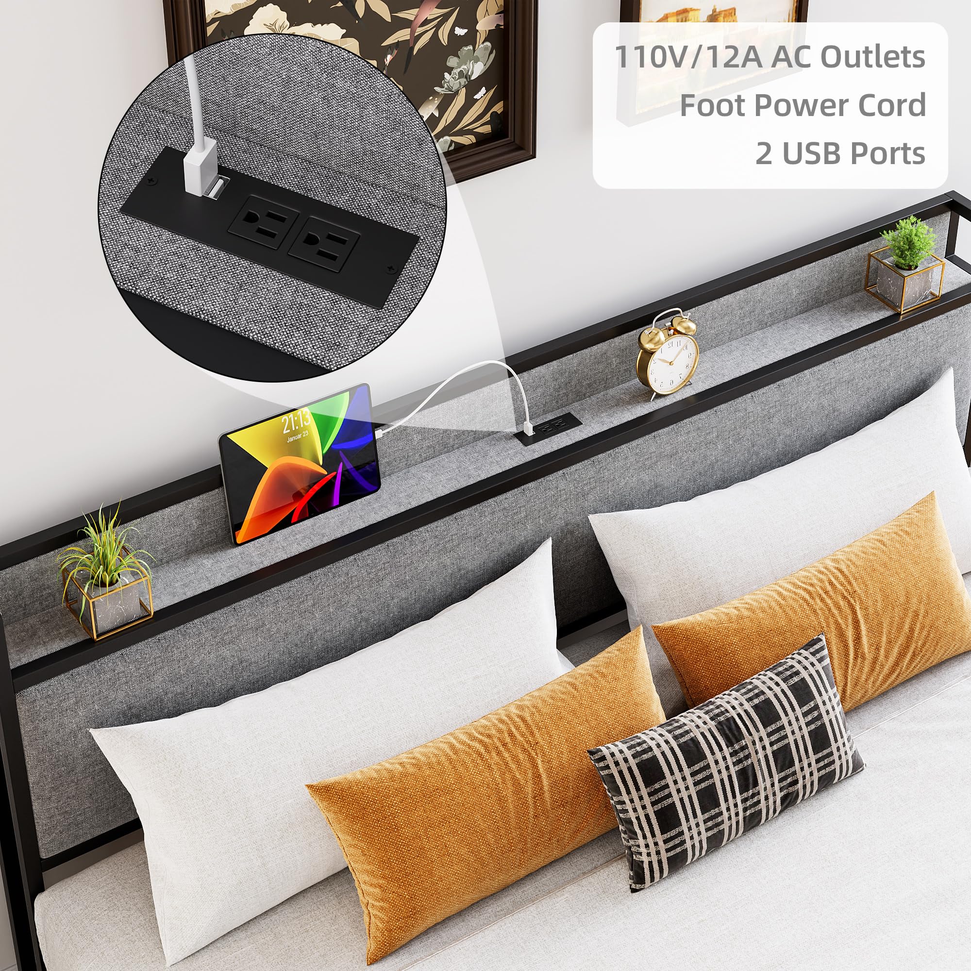 GarveeHome Full Size Bed Frame with 2 Drawers and Shelf Headboard, Charging Station with USB Port & Outlets, Upholstered Heavy Duty Platform Bed with Storage, No Box Spring Needed, Light Grey