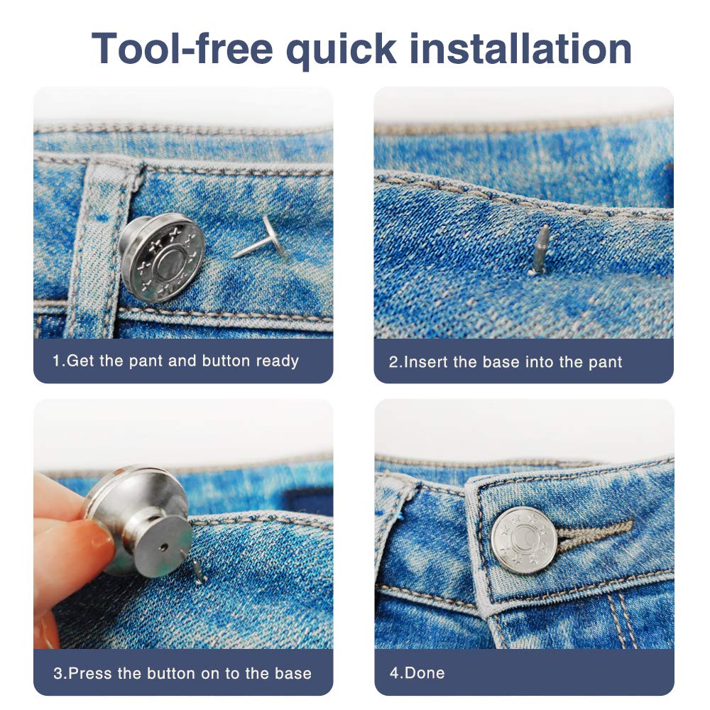 Button Pins for Jeans, 6 Sets 17mm Flat Back Design Adjustable Removable Instant Pants Metal Buckle for Swing Crafts DIY